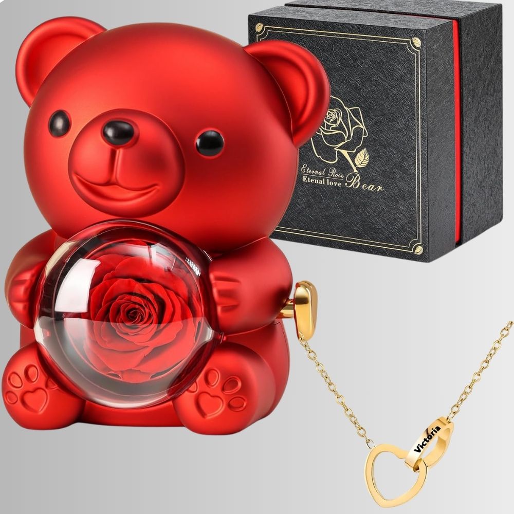 Eternal Rose Bear Box With Engraved Necklace